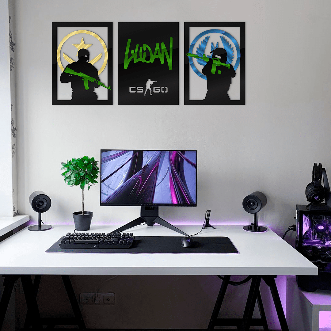 BOX CS GO - KIT 3 QUADROS + SUPORTE DE HEADSET + SUPORTE DE CELULAR ...